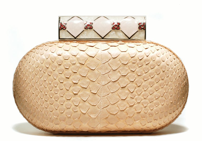 Jeweled Floral Ruby Enamel Silver Clasp Buff Python Skin Minaudière at ...
