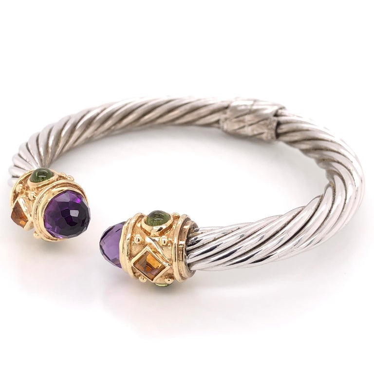 Jeweled Gold and Sterling Silver Bangle Cuff Bracelet Estate Fine ...