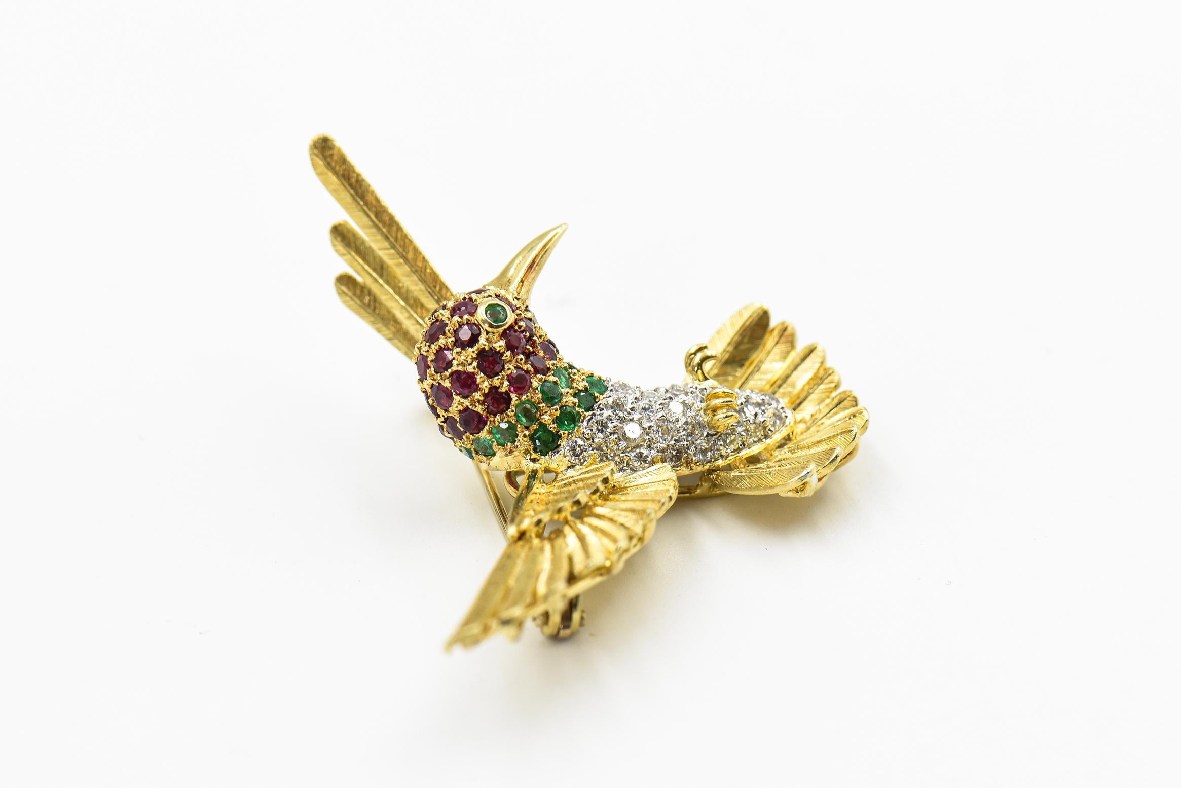 Jeweled Hummingbird Bird Brooch Yellow Gold with Diamonds Rubies and ...