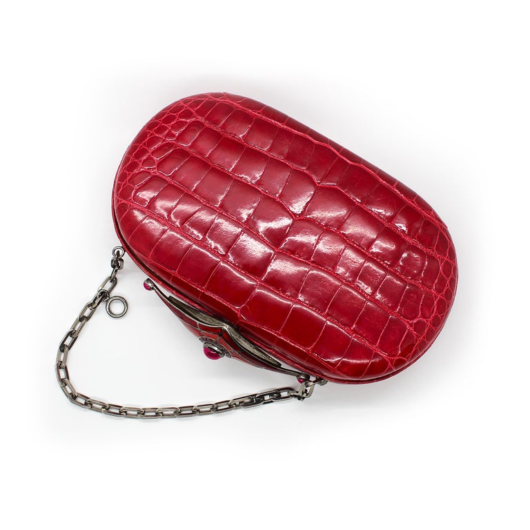 Jeweled Ruby Silver Enamel Clasp Red Alligator Skin Minaudière at 1stDibs