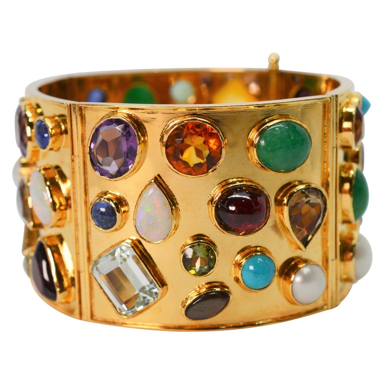 Jeweled Yellow Gold Wide Cuff Bracelet at 1stDibs