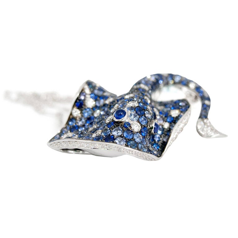 Jewelry Ray Fish White Diamond Blue Sapphire 18kt Gold Brooch Pendant ...