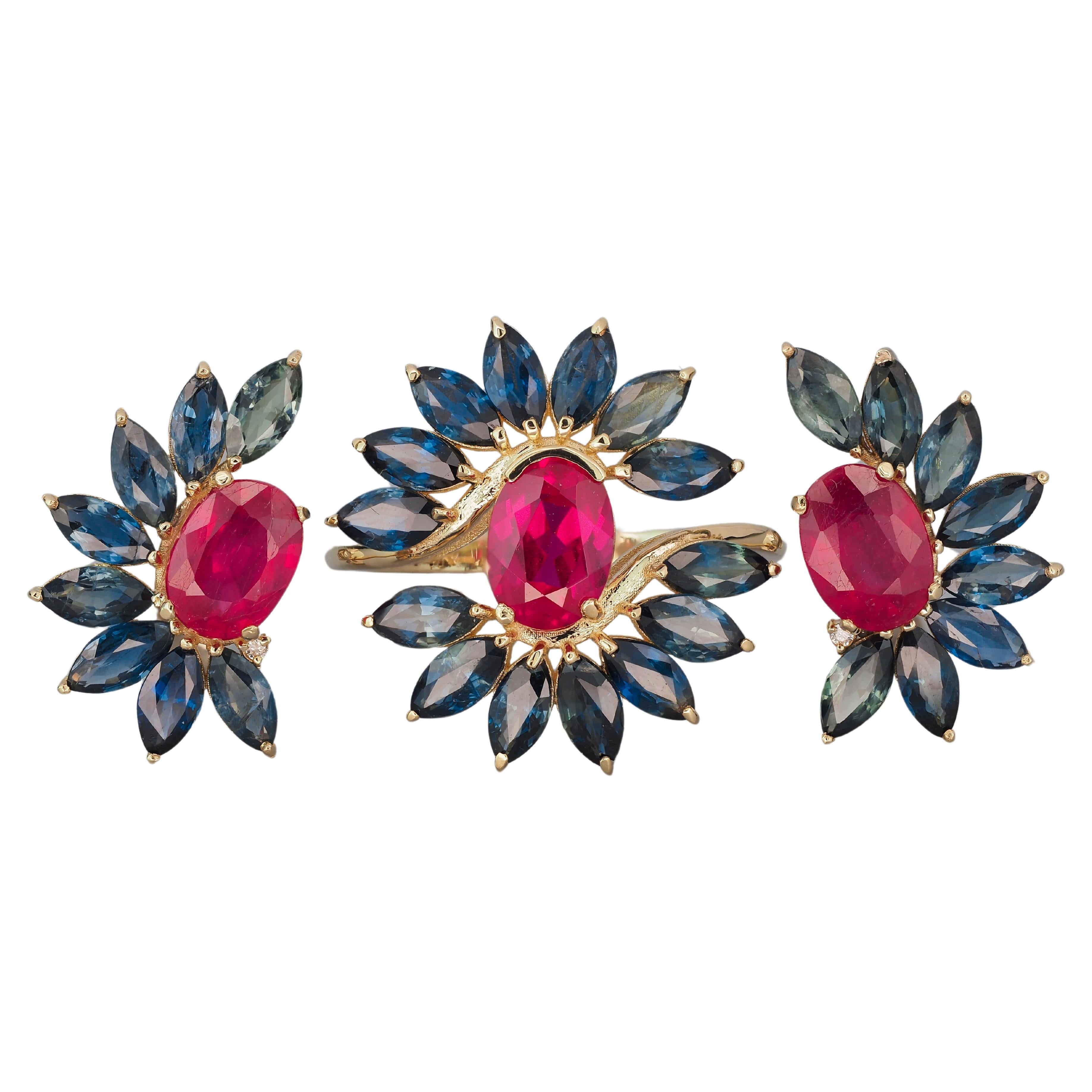 Jewelry set: earrings and ring with rubies and sapphires in 14k gold ...