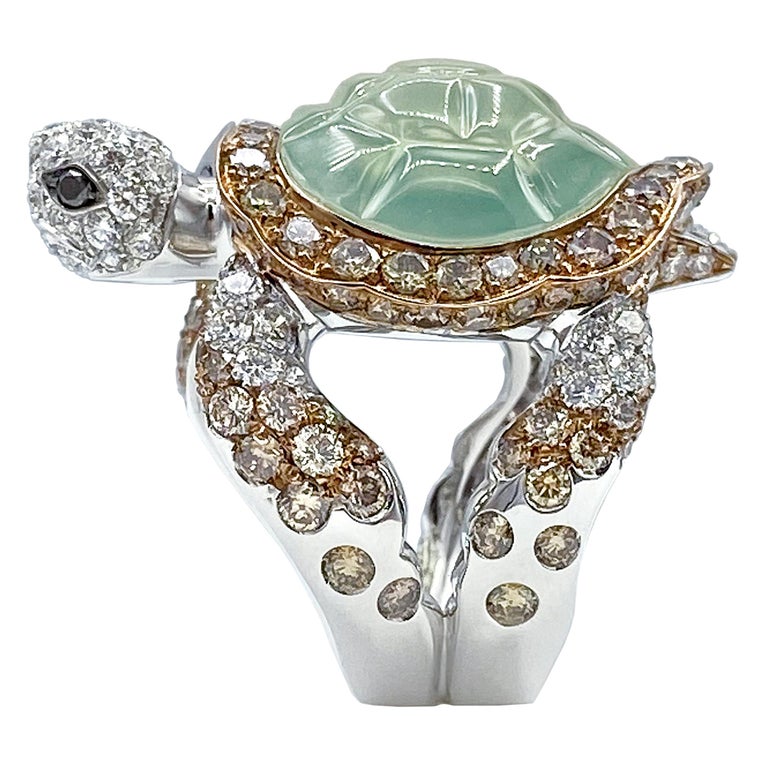 Jewelry Turtle Black Brown White Diamond Prehnite 18 Karat Gold Ring at ...