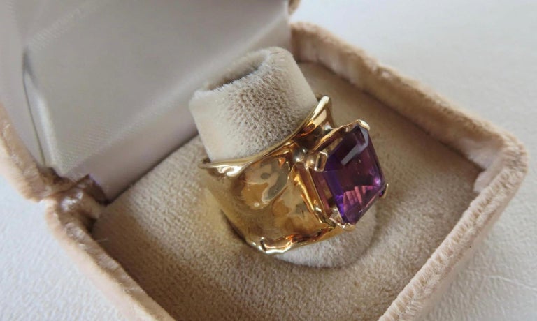 Jim Cotter 14K Gold Wide Band with Emerald-Cut Amethyst Ring For Sale ...