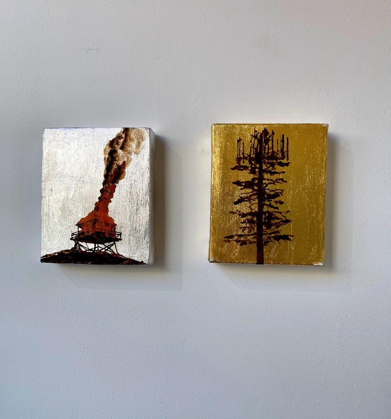 Jim Denney - Burning Lookout 2, building on fire, silver background ...