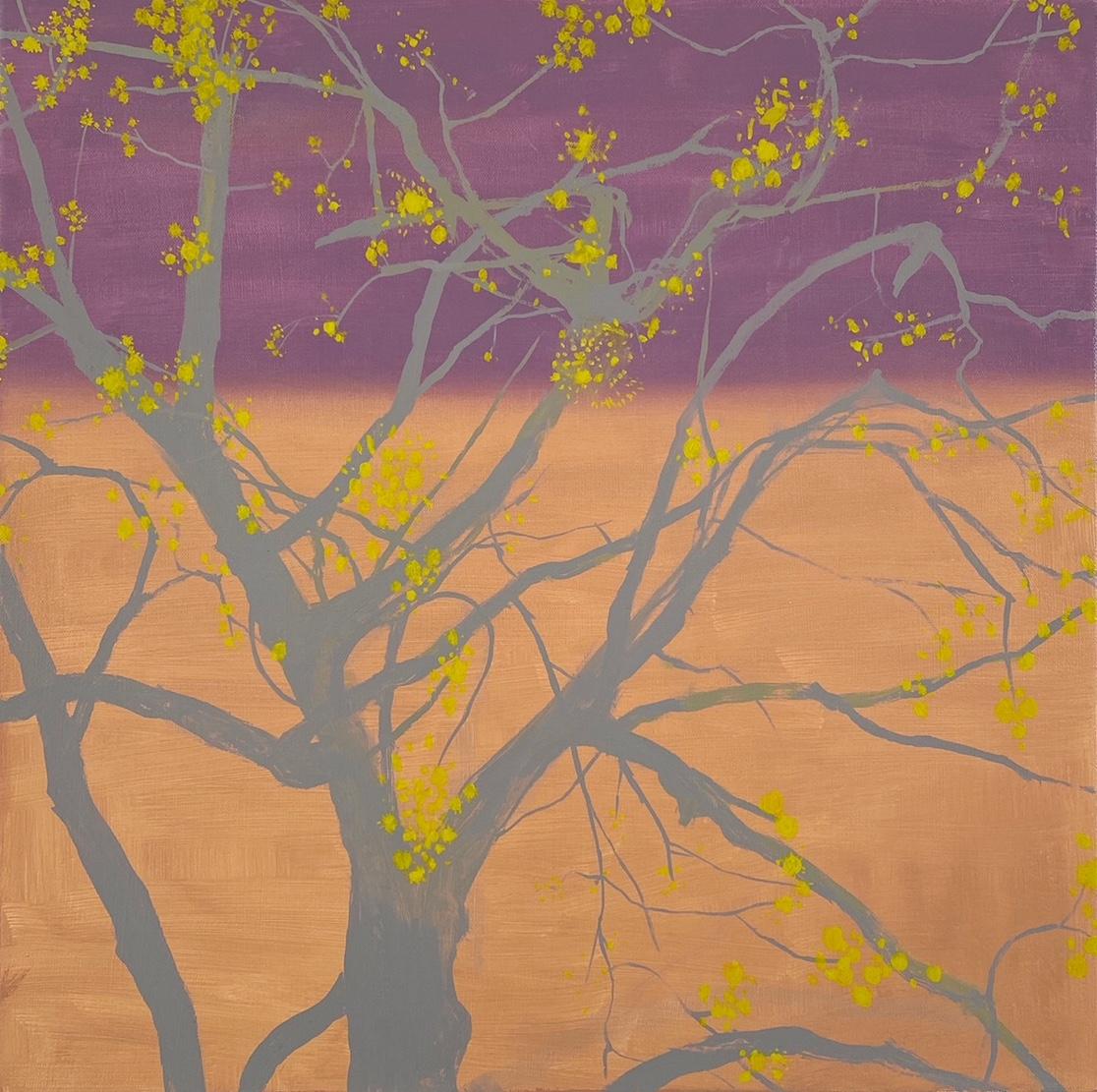 Jim Denney - Rapture, red oil painting on canvas of barren tree ...