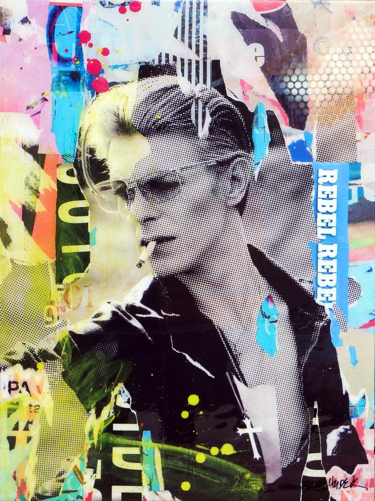 Jim Hudek - Portrait en collage multimédia Pop Art coloré « Rebel ...