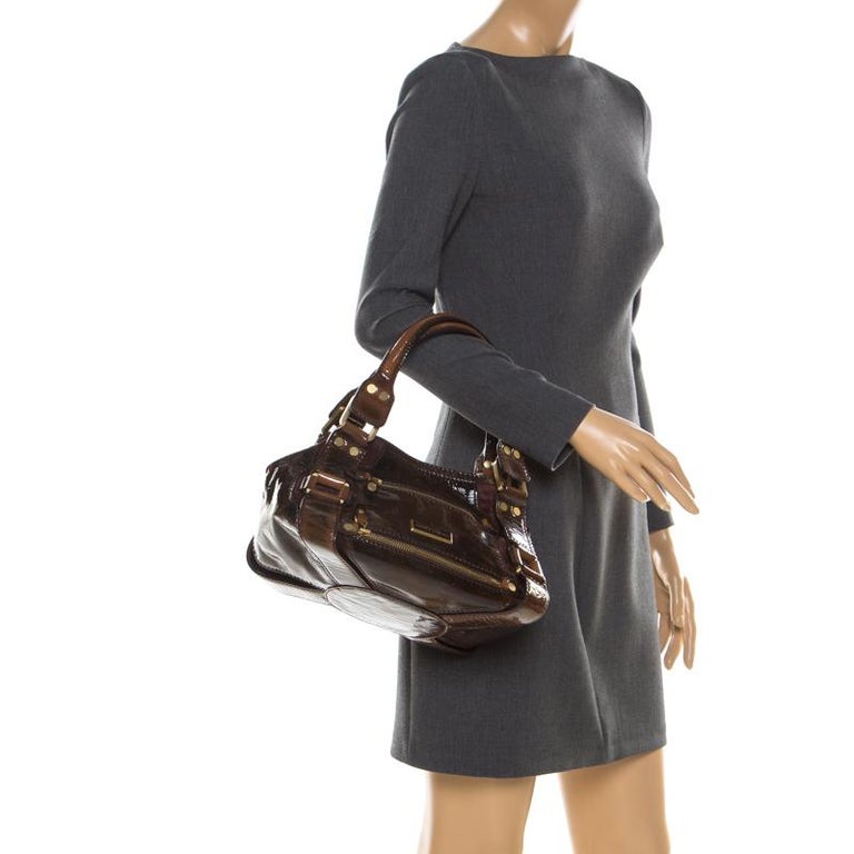 Jimmy Choco Brown Patent Leather and Suede Mahala Satchel at 1stDibs