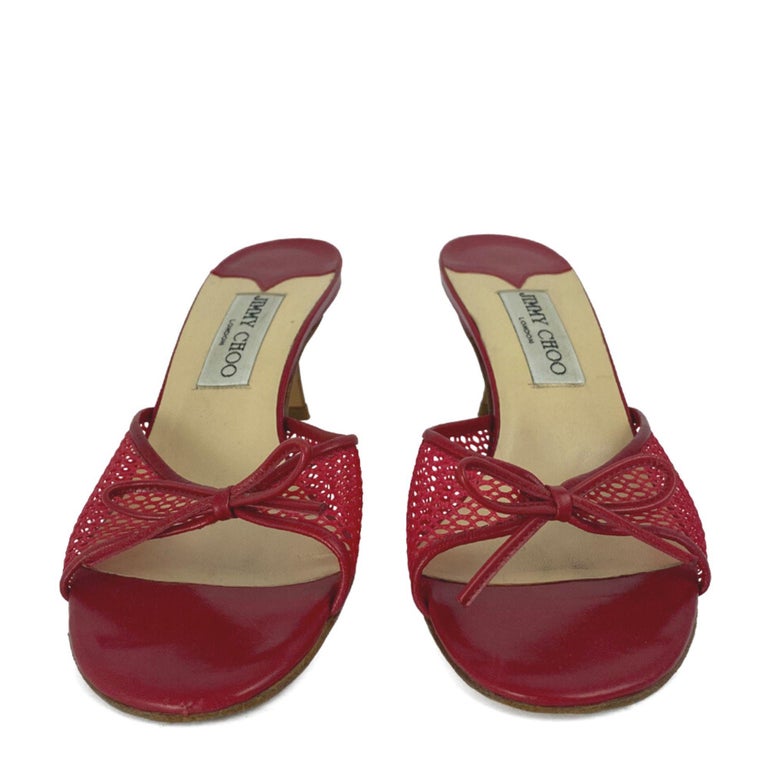 Jimmy Choo-37.5-Red Leather Mesh Kitten Heels For Sale at 1stDibs