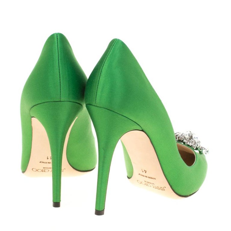 Jimmy Choo Apple Green Satin Manda Crystal Embellished Pointed Toe ...