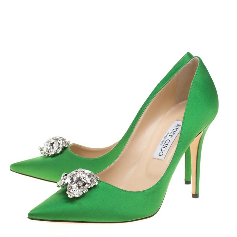 Jimmy Choo Apple Green Satin Manda Crystal Embellished Pointed Toe ...