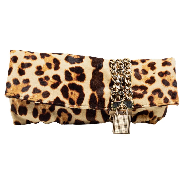 Jimmy Choo Beige/Brown Leopard Print Calf hair Chandra Clutch For Sale ...