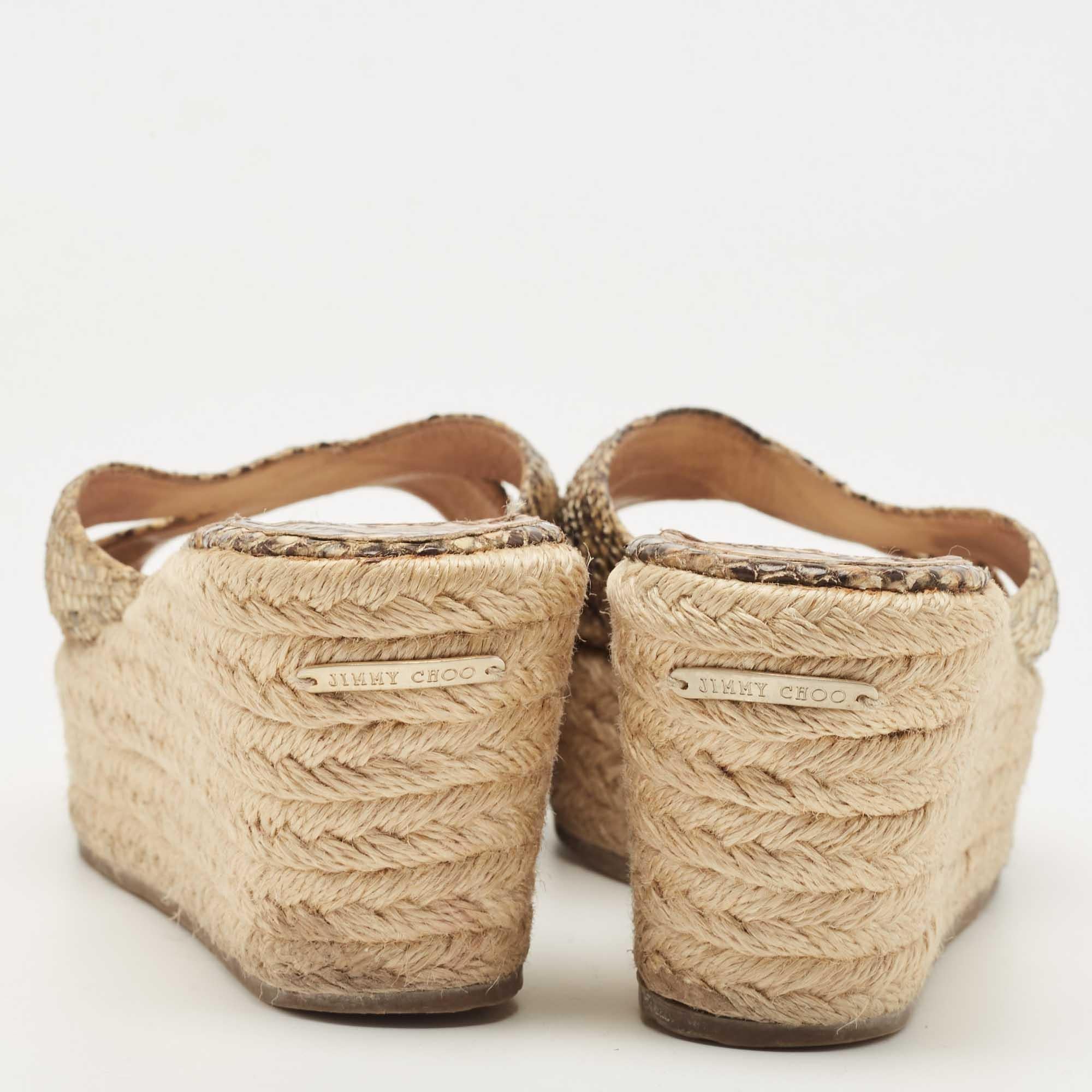 Jimmy Choo Beige/Brown Python Embossed Leather Phyllis Wedge Espadrille Slide Sa For Sale at 1stDibs