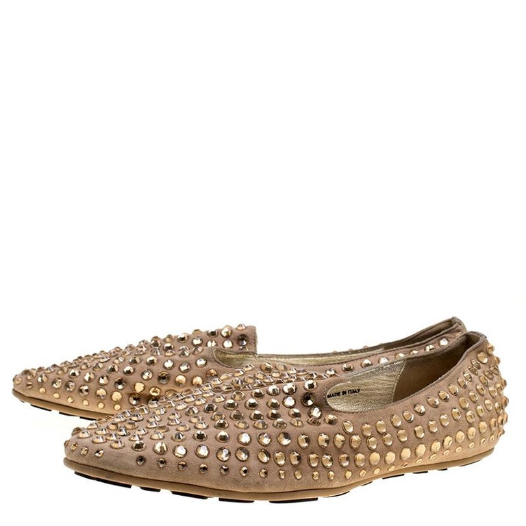 Jimmy Choo Beige Suede Wheel Crystal Studded Smoking Slippers Size 38.5 ...