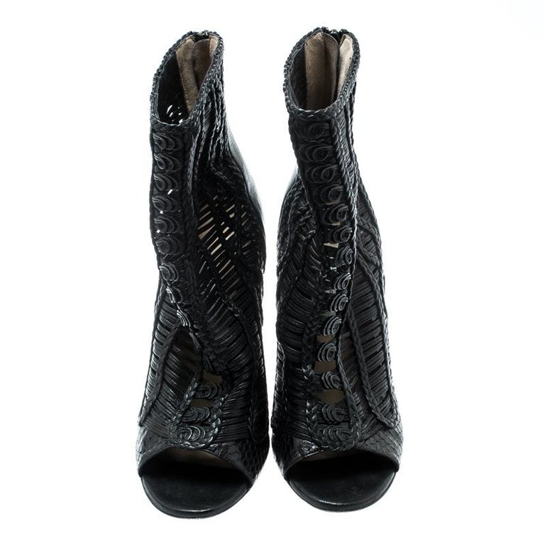 Jimmy Choo Black Braided Leather Java Peep Toe Ankle Boots Size 39 at ...