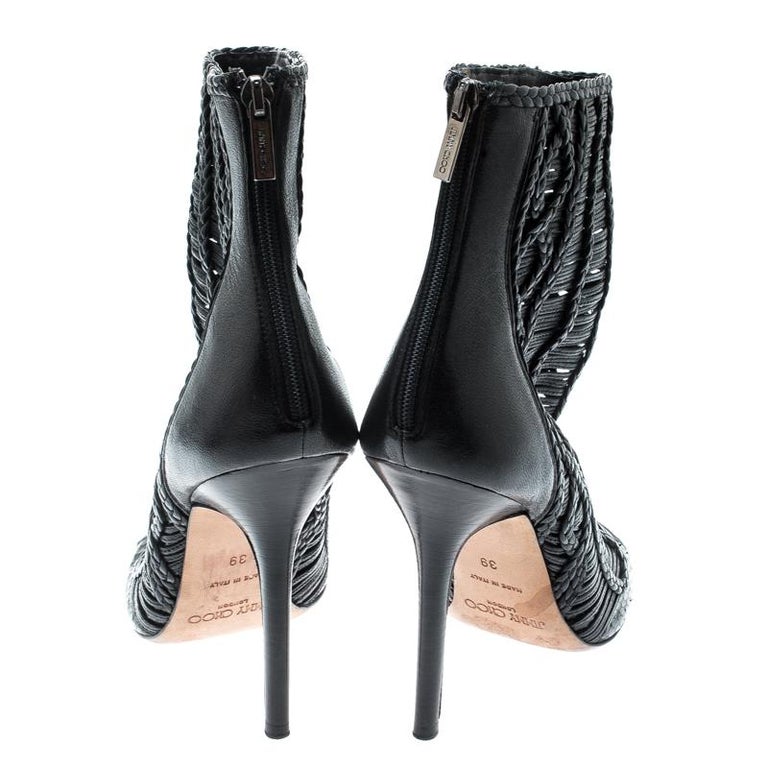 Jimmy Choo Black Braided Leather Java Peep Toe Ankle Boots Size 39 at ...