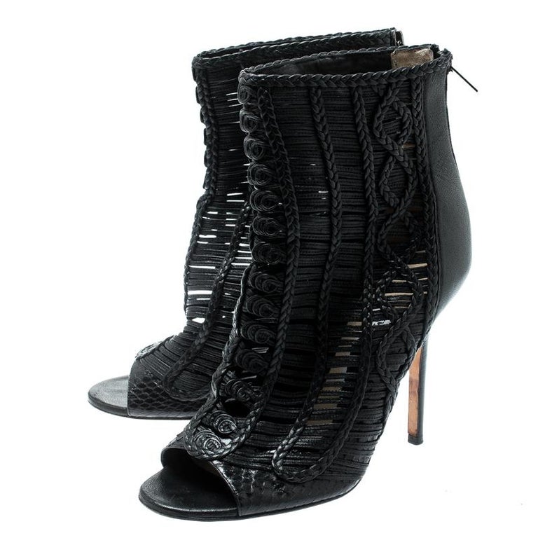 Jimmy Choo Black Braided Leather Java Peep Toe Ankle Boots Size 39 at ...