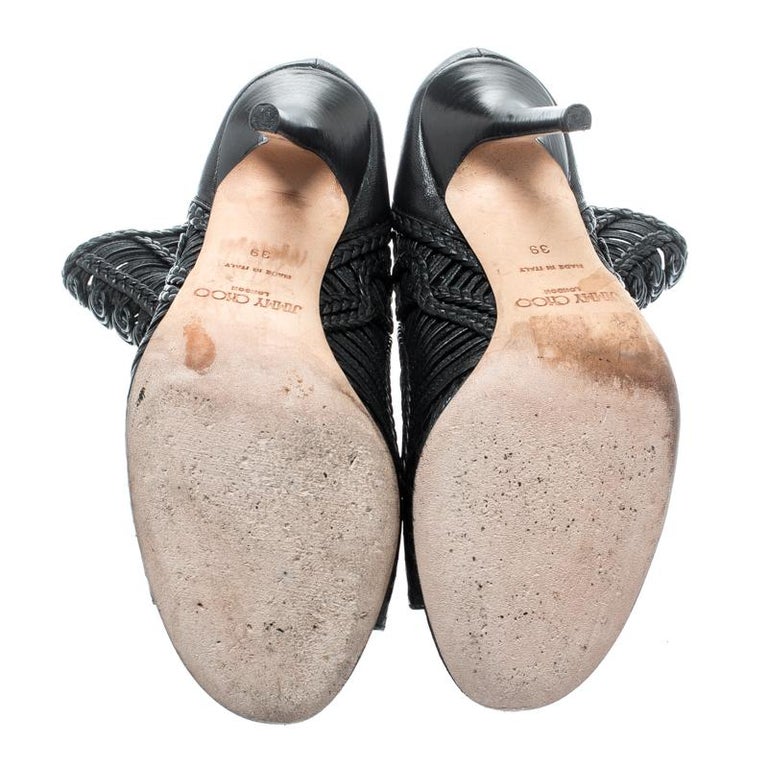 Jimmy Choo Black Braided Leather Java Peep Toe Ankle Boots Size 39 at ...