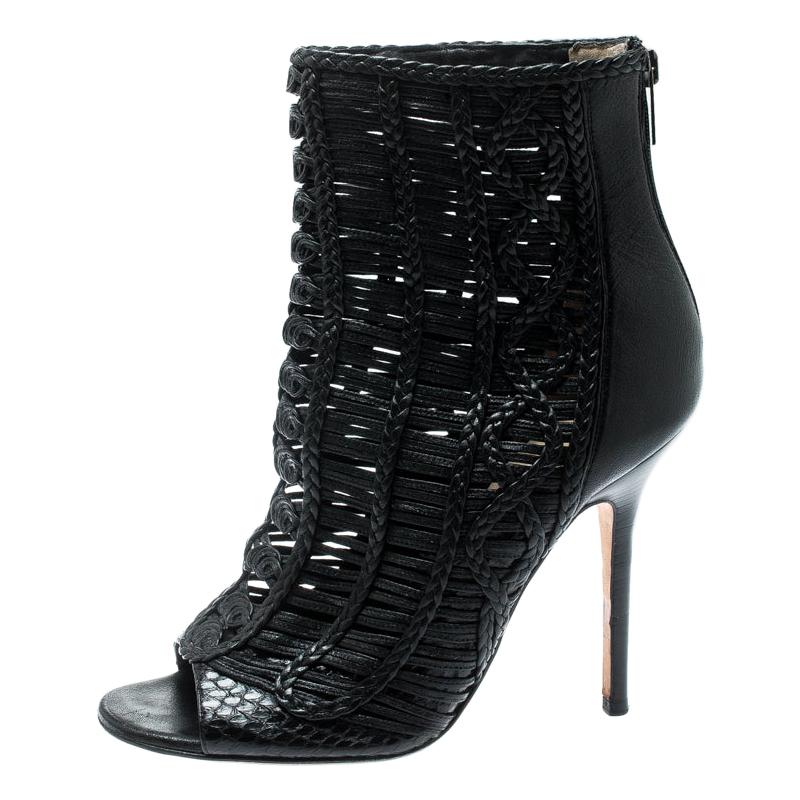 Jimmy Choo Black Braided Leather Java Peep Toe Ankle Boots Size 39 at ...