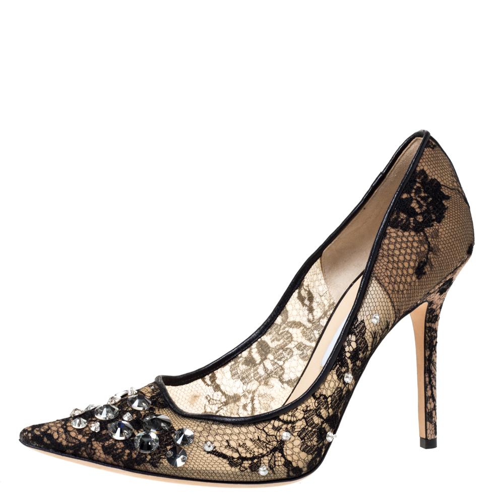 Jimmy Choo Black Lace And Leather Trim Embellished Pointed Toe Pumps ...