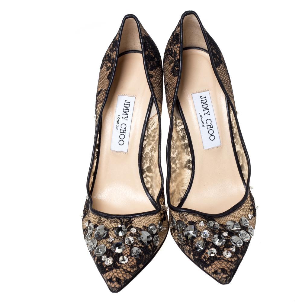 Jimmy Choo Black Lace And Leather Trim Embellished Pointed Toe Pumps ...