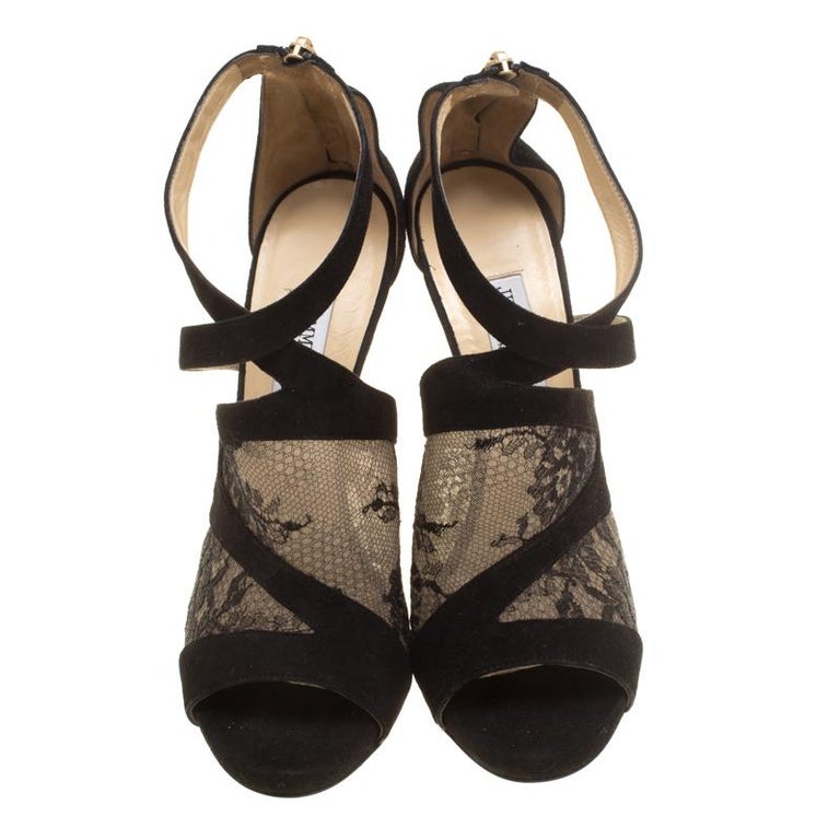 Jimmy Choo Black Lace and Suede Vantage Cross Strap Peep Toe Sandals ...