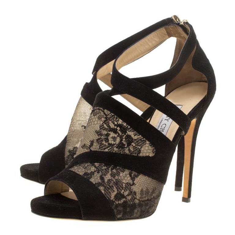 Jimmy Choo Black Lace and Suede Vantage Cross Strap Peep Toe Sandals ...