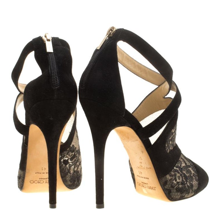 Jimmy Choo Black Lace and Suede Vantage Cross Strap Peep Toe Sandals ...