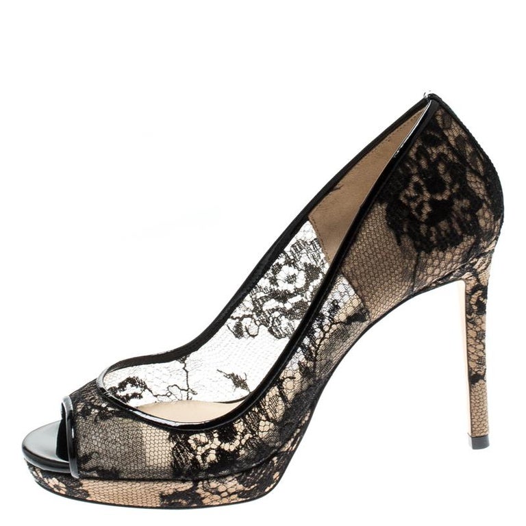 Jimmy Choo Black Lace Luna 100 Peep Toe Pumps Size 35 at 1stDibs