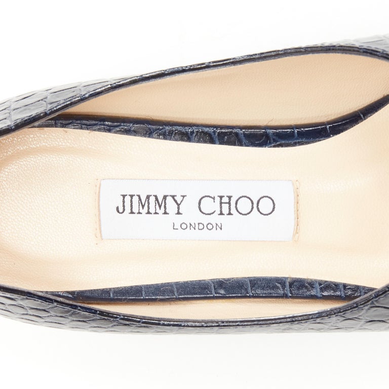 JIMMY CHOO black navy mock croc leather square toe JC charm flats EU38 ...
