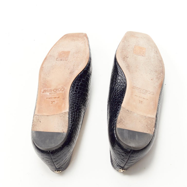JIMMY CHOO black navy mock croc leather square toe JC charm flats EU38 ...
