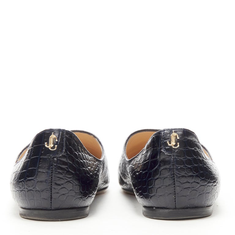 JIMMY CHOO black navy mock croc leather square toe JC charm flats EU38 ...
