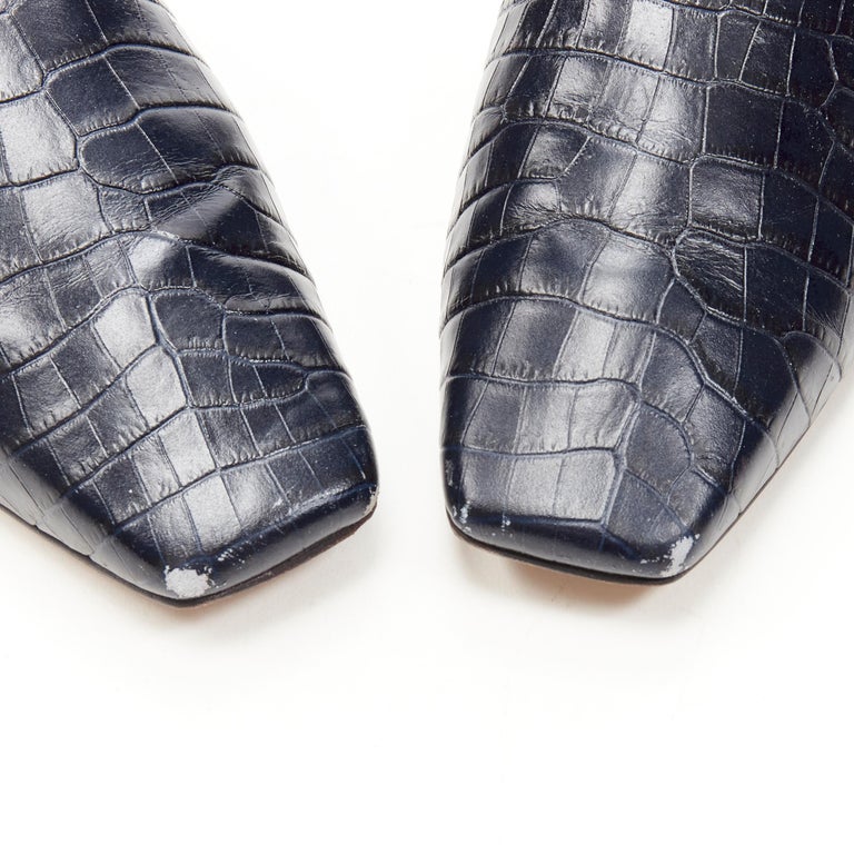 JIMMY CHOO black navy mock croc leather square toe JC charm flats EU38 ...