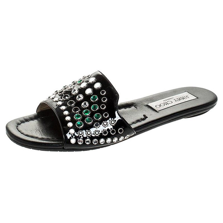 Jimmy Choo Black Patent Leather Studded Flat Slides Size 37 at 1stDibs