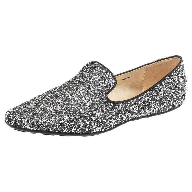 Jimmy Choo Black/Silver Glitter Sloane Smoking Slippers Size 42 For ...