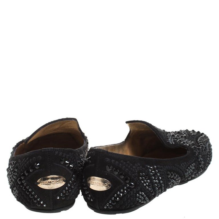 Jimmy Choo Black Suede Crystal Embellished Wheel Smoking Slippers Size ...