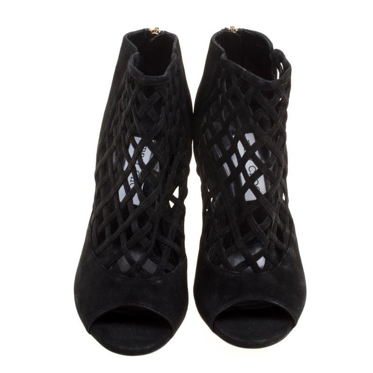 Jimmy Choo Black Suede Drift Cutout Peep Toe Booties Size 39 For Sale
