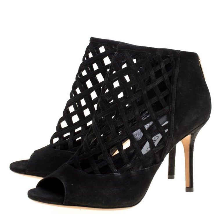 Jimmy Choo Black Suede Drift Cutout Peep Toe Booties Size 39 For Sale