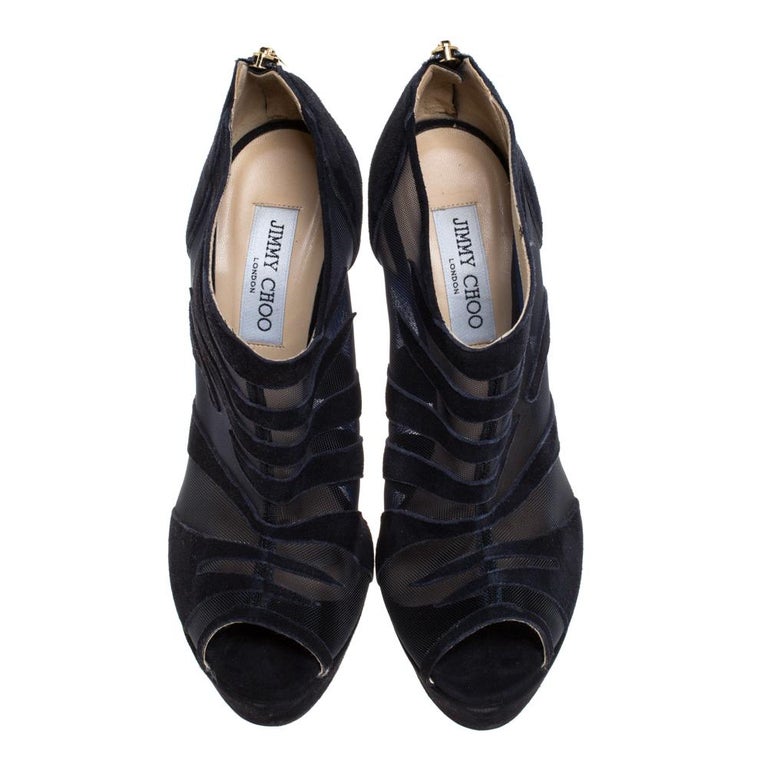 Jimmy Choo Black Suede Leather And Mesh Kerfield Peep Toe Platform