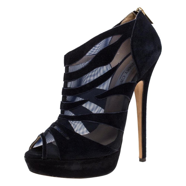 Jimmy Choo Black Suede Leather and Mesh Kerfield Peep Toe Platform ...
