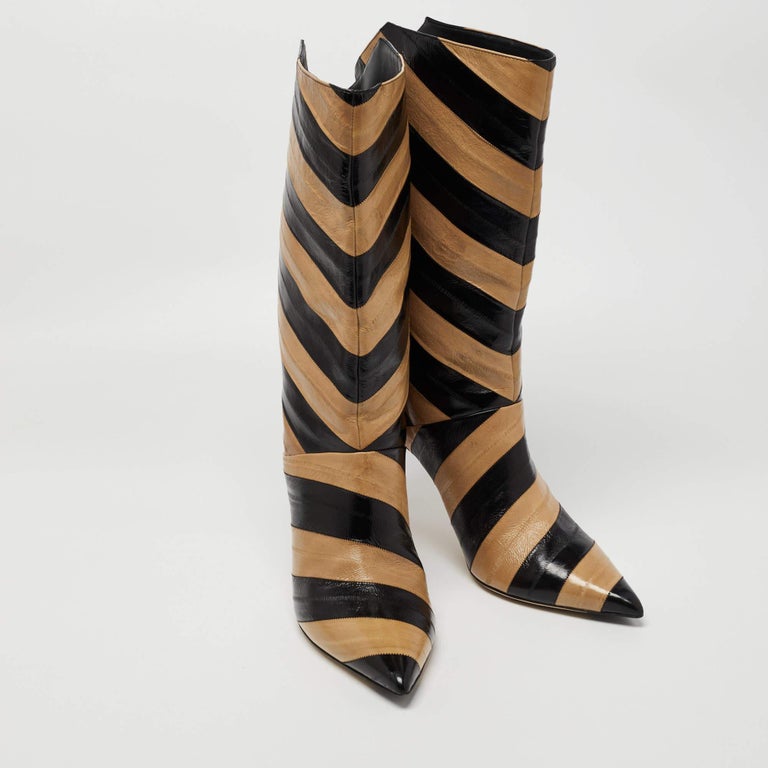 Jimmy Choo Black/Tan Striped Eel Beren Booties Size 43 For Sale at 1stDibs