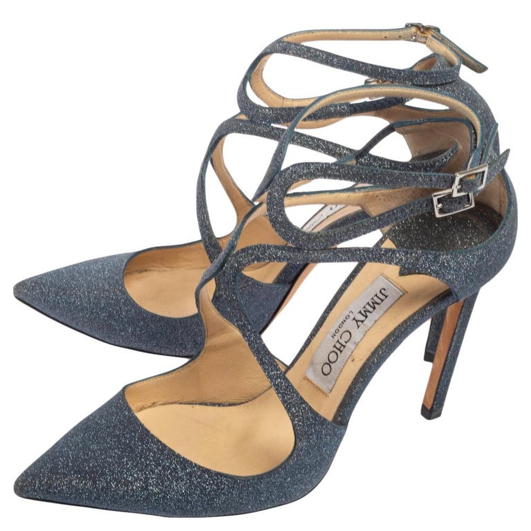Jimmy Choo Blue Glitter Lancer Sandals Size 37 at 1stDibs