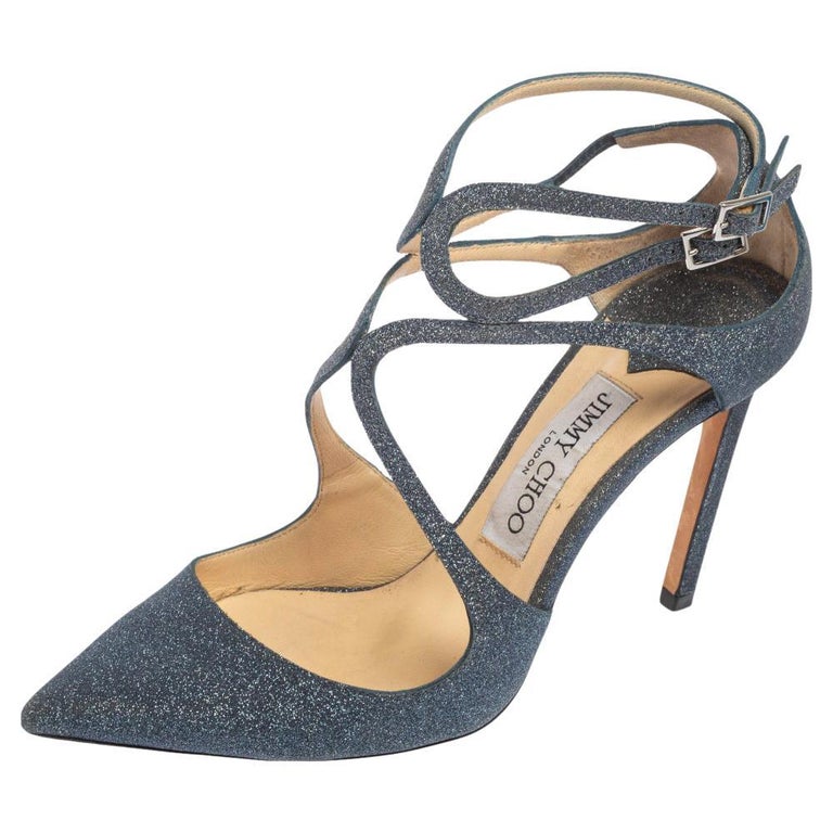 Jimmy Choo Blue Glitter Lancer Sandals Size 37 at 1stDibs