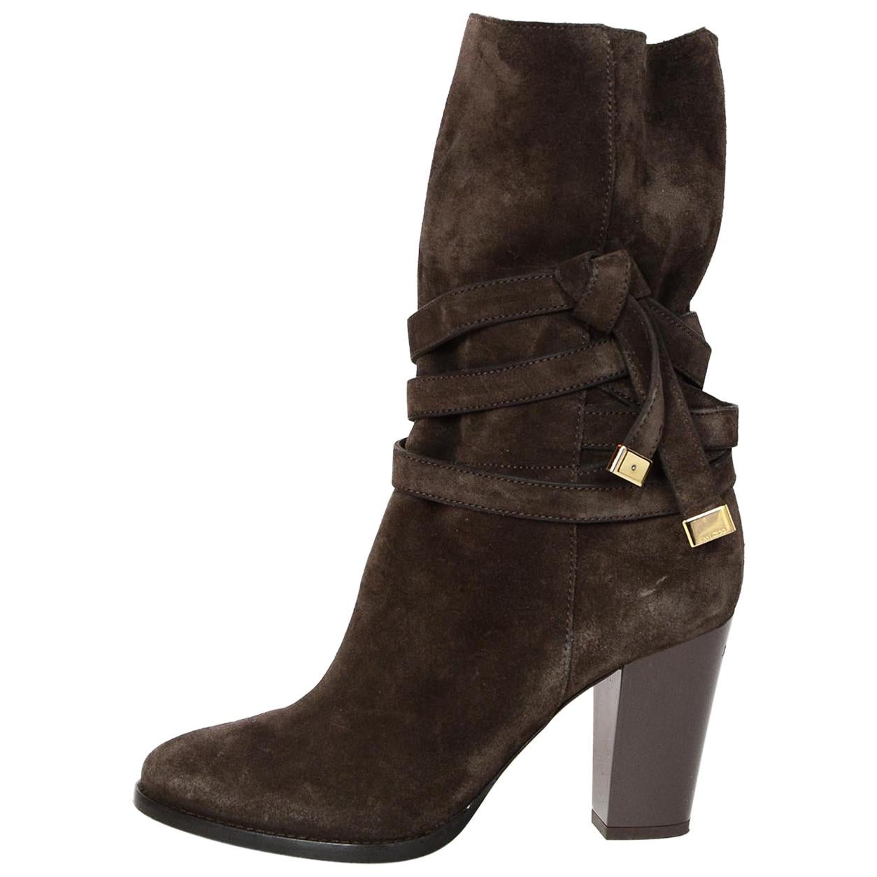 Jimmy Choo Brown Suede Heeled Booties Sz 37.5 For Sale at 1stDibs