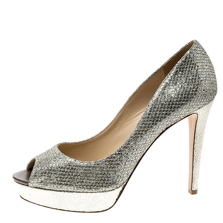 Jimmy Choo Champagne Lamè Glitter Fabric Dahlia Platform Peep Toe Pumps ...