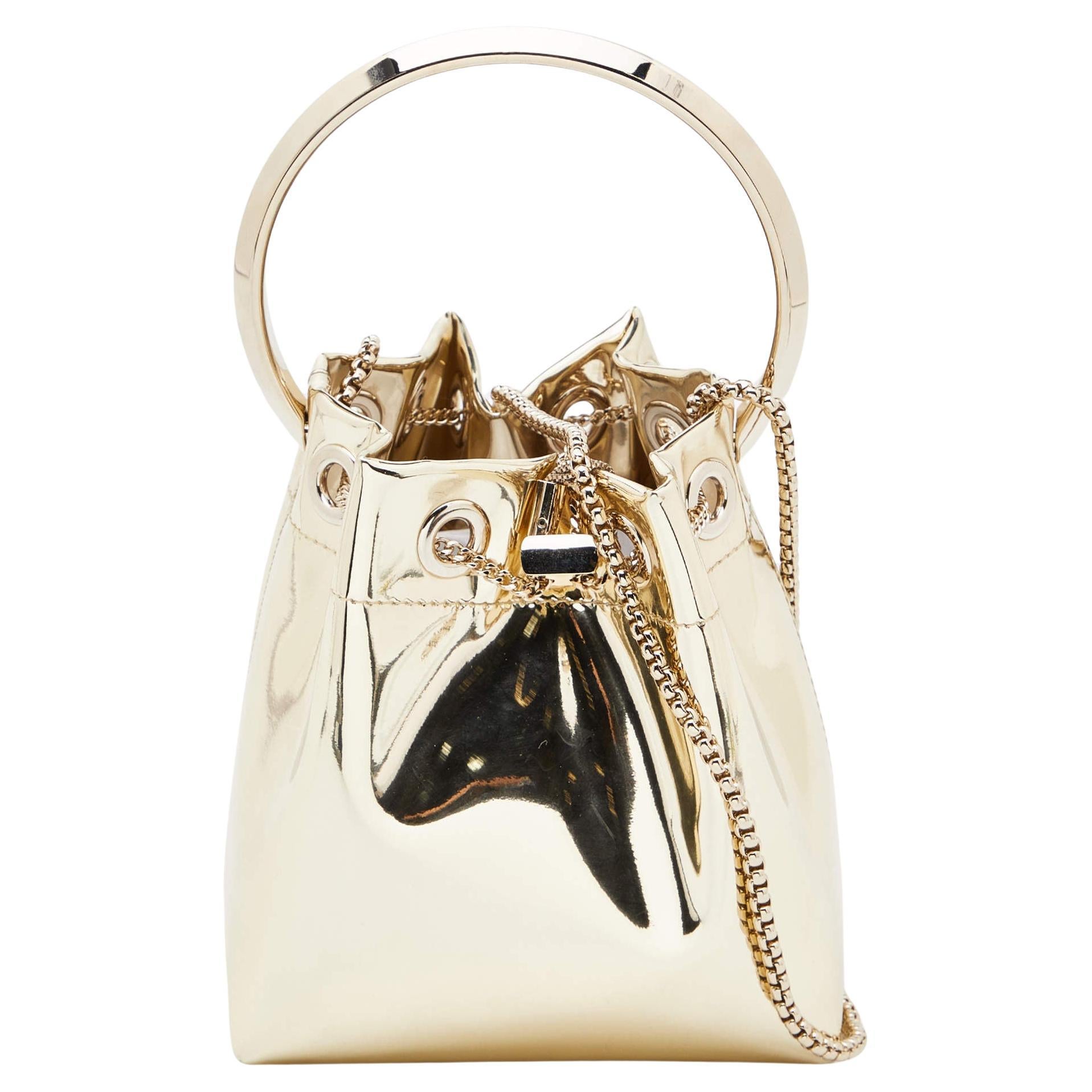 Jimmy Choo Gold Laminated Leather Bon Bon Crystal Embellished Bucket ...