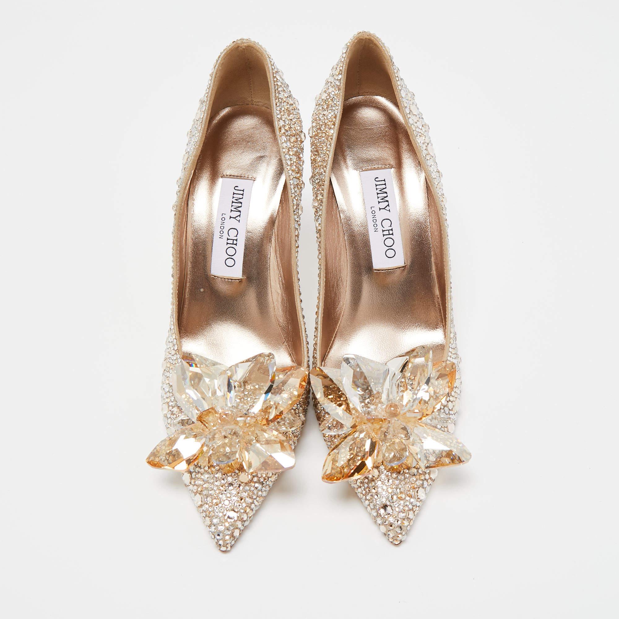 Jimmy Choo Gold Satin Alia Crystal Embellished Pointed Toe Pumps Size ...