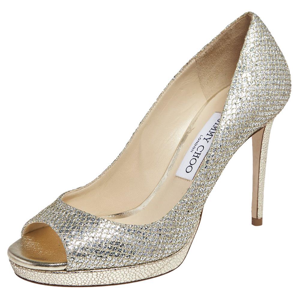 Jimmy Choo Metallic Silver Glitter Fabric Dahlia Peep Toe Platform ...