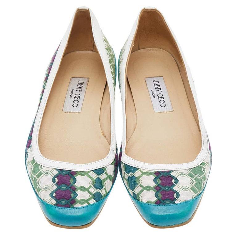 Jimmy Choo Green Printed Canvas And Leather Flats Size 39 For Sale at ...